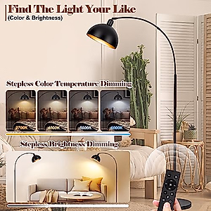 【Upgraded】Black Arc Floor Lamps for Living Room - Dimmable Arched Floor Lamp with Remote Control & 2700-6000K 9W LED Bulb Included, Modern Arch Standing lamp, Industrial Tall Lamp for Bedroom Reading