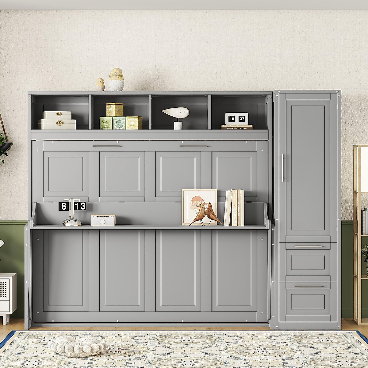 Queen Size Murphy Bed Wall with Closet and Drawers, Gray
