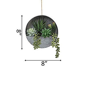 Flora Bunda Modern Artificial Succulent in 8 inch Hanging Galvanized Tin Wall Planter, Boho Wall Decor, Hanging Fake Plants Cactus for Home, Office
