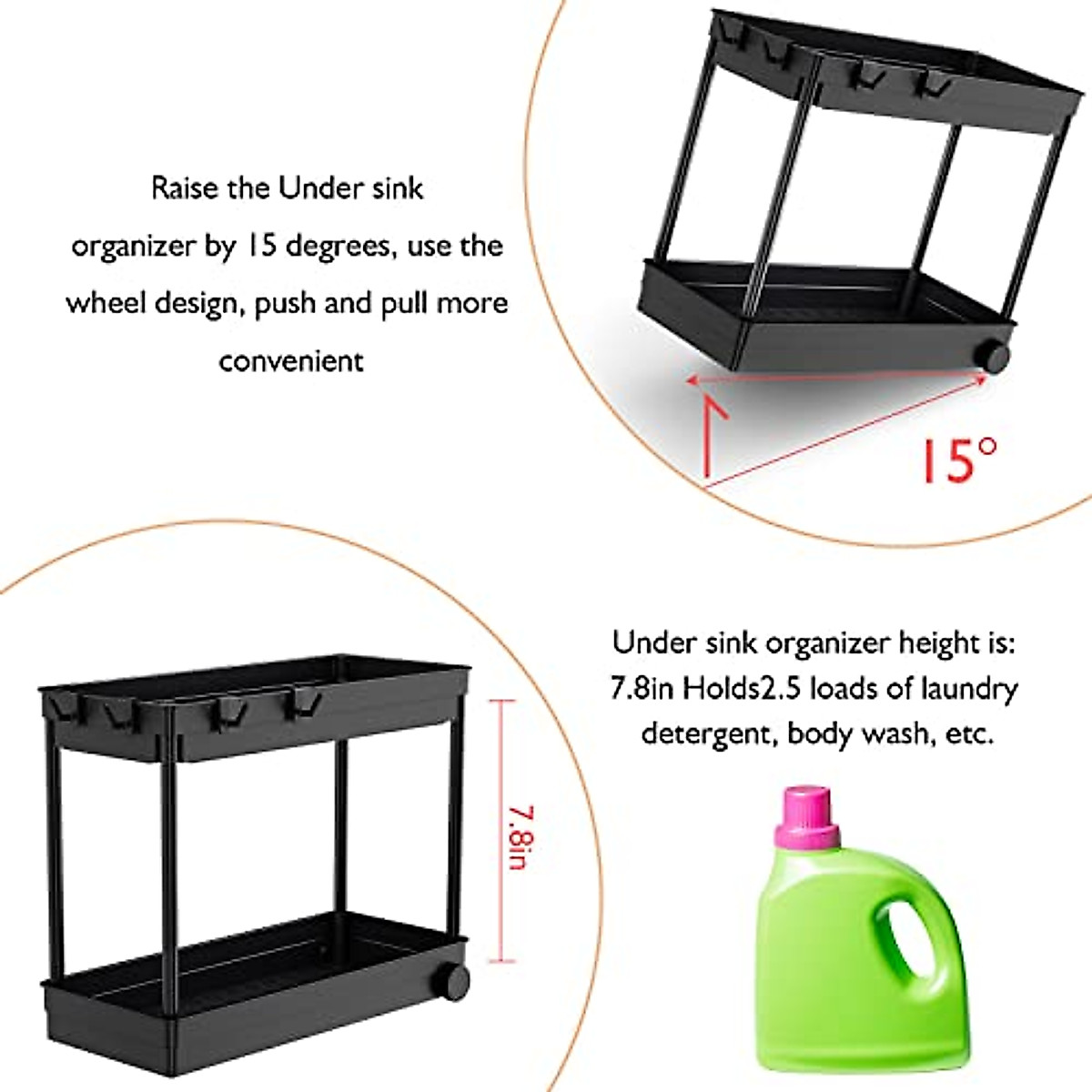 2- Tier Shelf Under Sink Organizer, Roll Out Under Sink Storage with 4 Hooks & 4 Anti-Slip Pads, Easy to Assemble, Suitable for Kitchen, Bathroom and Laundry (2 Pack, Black)