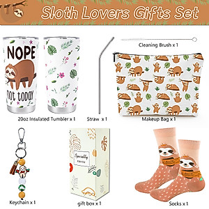 Keluna Sloth Gifts for Women Girls - 4Pcs Sloth Gifts Set 20oz Stainless Steel Tumbler with Lids Straw Cute Animal Makeup Bags Socks Keychain for Sloth Lovers Friends Birthday Christmas Gifts