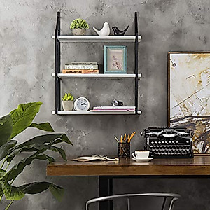 MyGift 3-Tier Farmhouse White Wood Wall Floating Shelves - 23 Inch Wall-Mounted Organization Wooden Shelf Rack with Black Metal Brackets