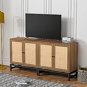 Sideboard Buffet Side Cabinet with Natural Rattan and 2 Magnetic Door, 2-Tier Storage Cabinet Accent Cabinet Console with Metal Bracket, for Living Room Bedroom, Entryway (Rattan Low Leg)