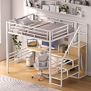GM Ultra Full Size Loft Bed with Desk & Storage Stairs, Metal Loft Bed Frame with Wardrobe, Versatile High Loft Bed for Kids Teens Adults, Sturdy Slats Support, No Box Spring Needed, White