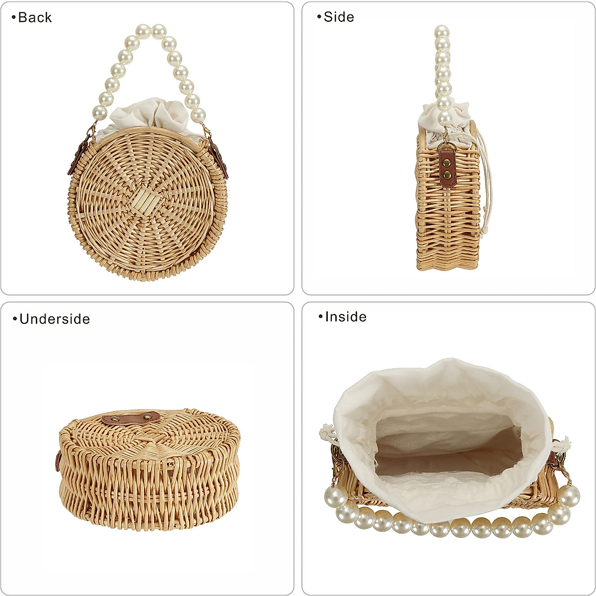 So'each Women Handmade Rattan Wicker Woven Artificial Pearl Circle Shoulder Bag