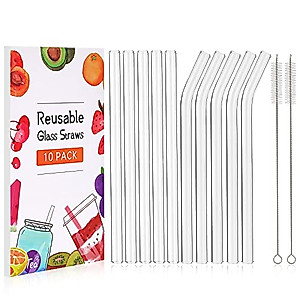 RENYIH 10 Pcs Reusable Glass Boba Straws,9''x14 mm Wide Glass Drinking Straws Jumbo Smoothie Straws for Bubble Tea,Milkshakes,Set of 5 Straight and 5 Bent with 2 Cleaning Brushes -Dishwasher Safe