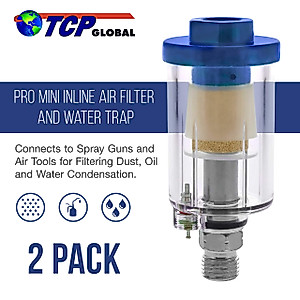 TCP Global Mini in-Line Air Filter, Oil and Water Separator (Pack of 2) - Drain Valve, Water Trap, Air Dryer, Removes Moisture, Dirt - Use on Compressor Air Line Hose, Air Tools, Paint Spray Guns