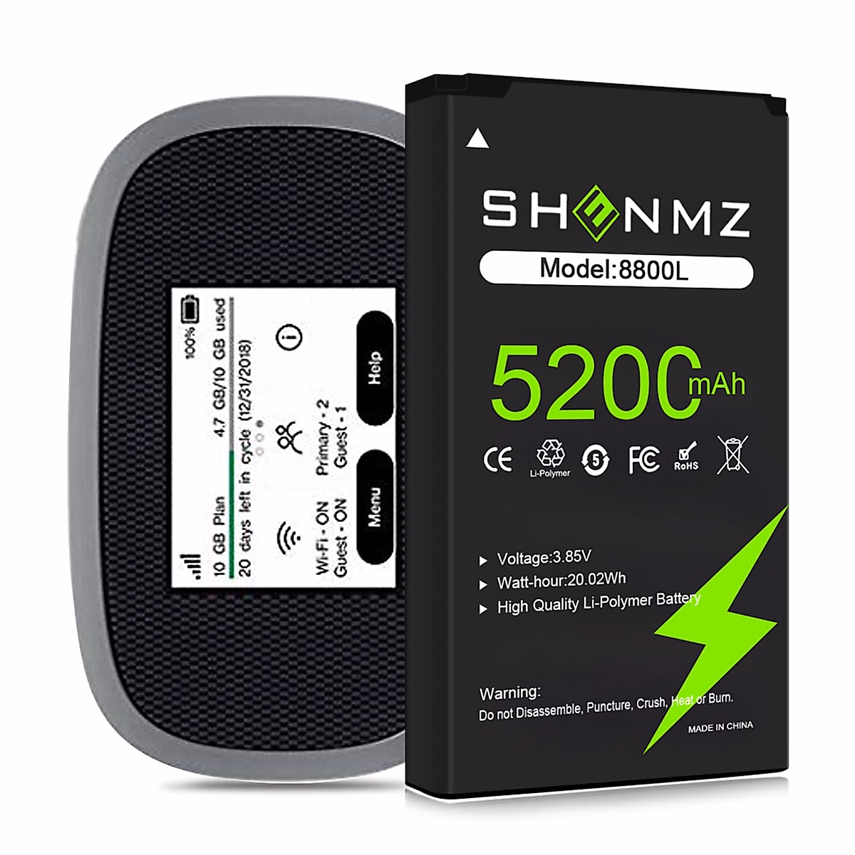 SHENMZ Verizon MiFi 8800L Battery, [5200mAh] Higher Capacity Li-ion Replacement Battery for Verizon Wireless Novatel Jetpack MiFi 8800L, Verizon Mifi7730L Mobile Hotspot P/N: 40123117