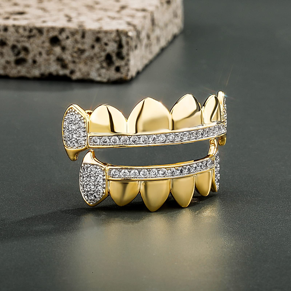 TOPGRILLZ Gold Hip Hop Teeth Grillz Micro Pave Cubic Zircon Top&Bottom Vampire Fangs Teeth Grills Set Holleween Gift Men Women (Yellow Gold)