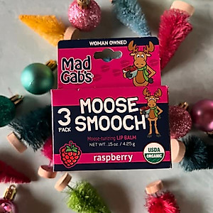 Mad Gab's Moose Smooch Raspberry Lip Balm, Mother's Day Gift, Moisturizing and Certified Organic, Made with Organic Olive Oil and Beeswax, 3 pack Gift Set