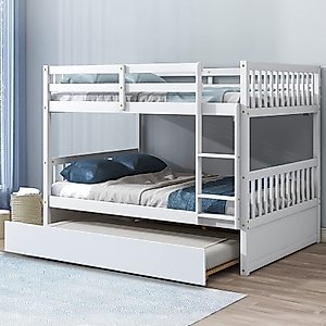 Tatub Full Over Full Bunk Bed with Trundle, Pine Wood Frame, Ladder and Guard Rails, Solid Bunk Bed with Trundle for Kids, Teens, Adults, No Box Spring Needed, Grey
