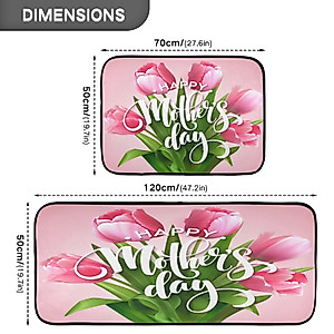 ALAZA Happy Mother's Day Pink Tulip Flower Floral 2 Piece Kitchen Rug Floor Mat Set Runner Rugs Non-Slip for Kitchen Laundry Office 20" x 28" + 20" x 48"