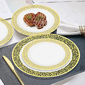 350 Piece Dinnerware Set for Wedding & Party,50 Guest Lace Design Plastic Plates,50 Plastic Silverware,50 Cups,50 Linen Like Napkins,50 Guest Disposable Dinnerware Set (Gold)