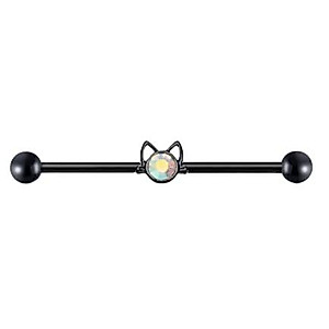 Pierced Republic 14G Industrial Stainless Steel Barbell with Black Cat Face & Gem - 14 Gauge Cartilage Industrial Ear Piercing Jewelry, silver