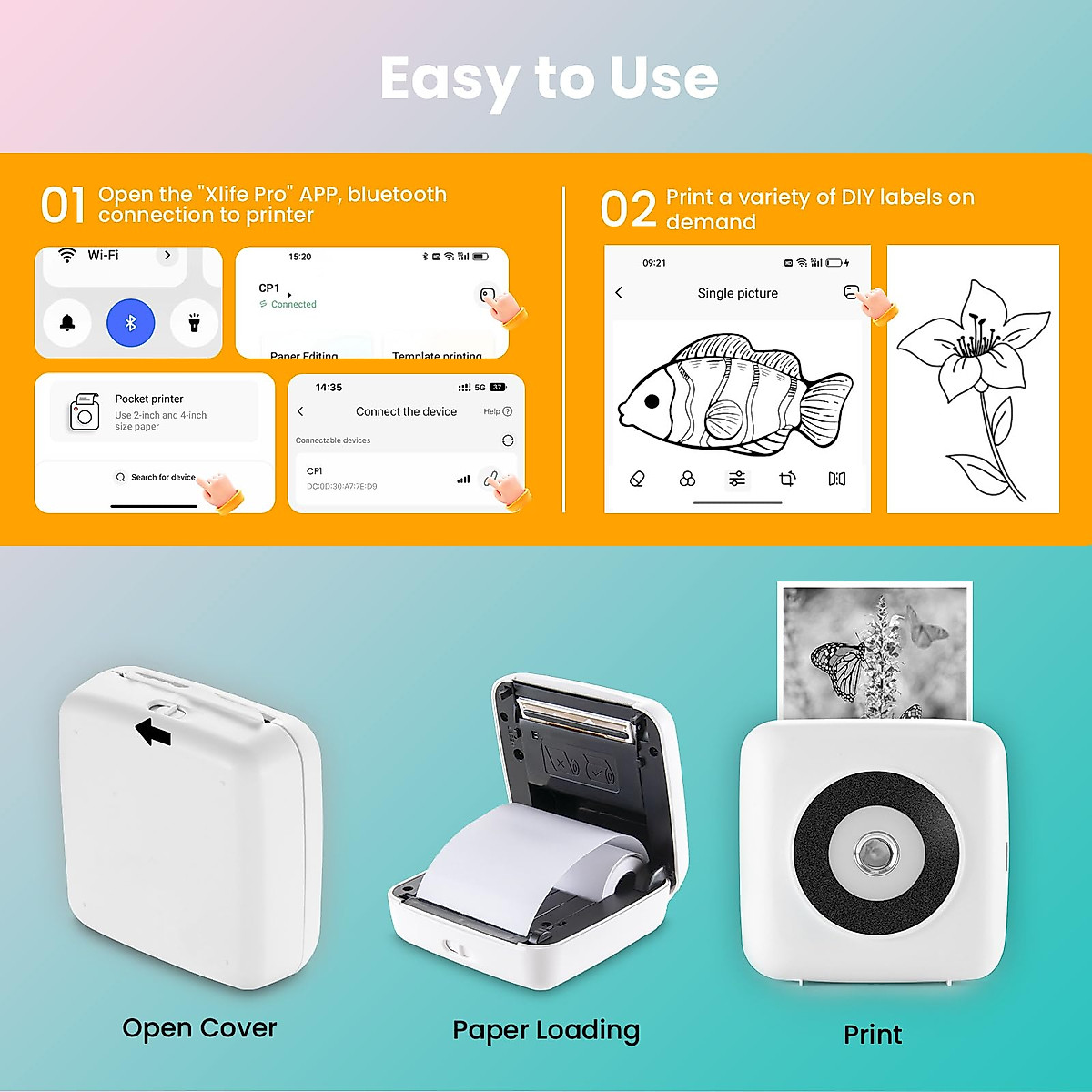 Mini Sticker Printer - Mini Printer Sticker Maker, Bluetooth Thermal Mini Printer for Note, 304 DPI Note Sticker Printer for School, Journal, Storage