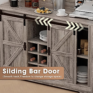 SYESWAY Coffee Bar Cabinet, 47" Farmhouse Sideboard Buffet Cabinet with Sliding Barn Door, Wine Rack & 6 Hooks, Wine Bar Cabinet for Home Dining Living Room, Grey