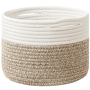 UBBCARE Small Basket for Organizing, Round Woven Basket With Handles, Small Storage Basket for decor, Beige & Brown Cotton Rope Basket (9.5" x 9.5" x 7.1")