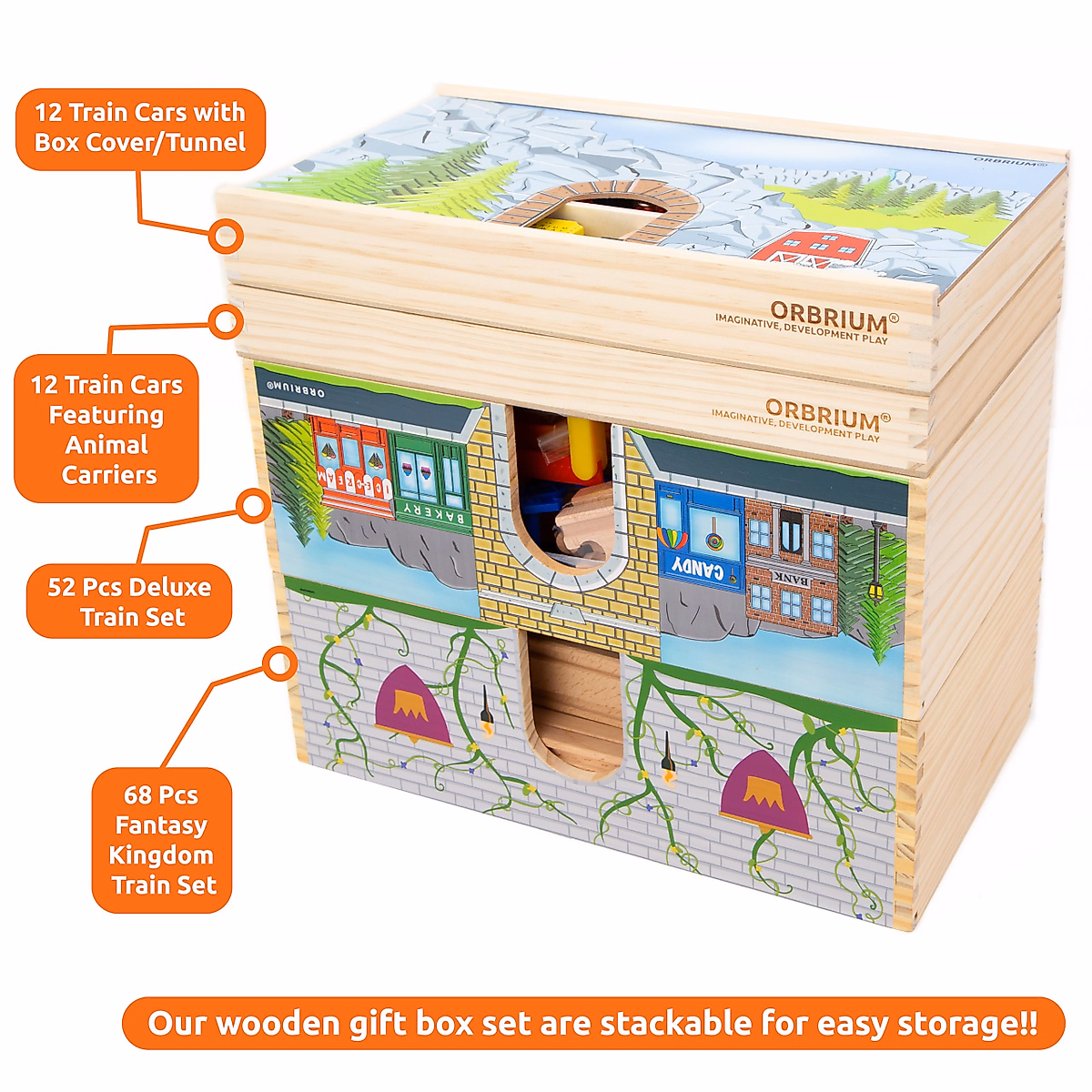 Orbrium 12 Wooden Train Cars Set with Wooden Storage Box with Box Cover Tunnel for 3,4,5,6,7 Years Old Compatible with Thomas & Friends Push-Along, Brio, IKEA, Imaginarium, Melissa and Doug