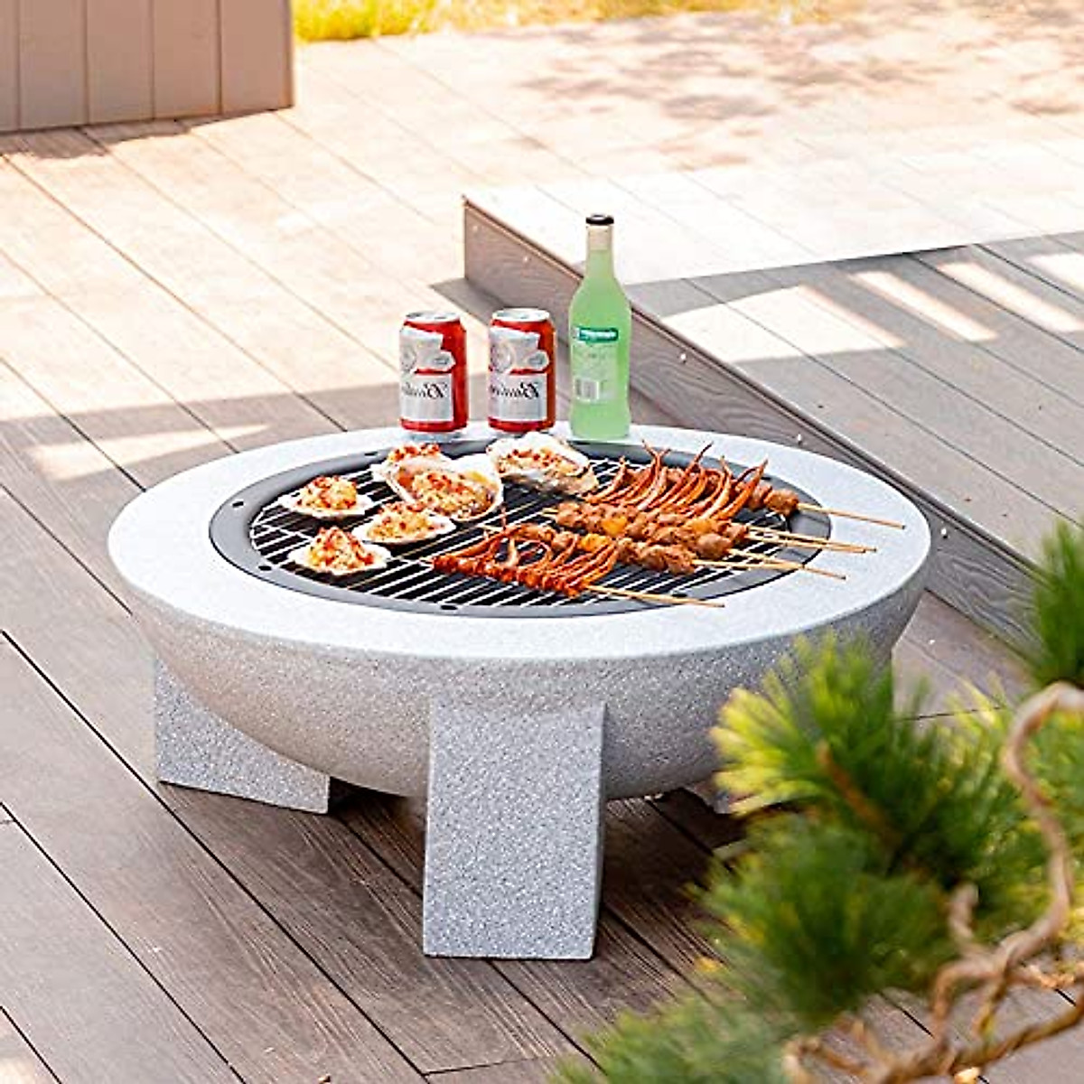 Garden Fire Pit Grill Bowl Grill Barbecue Rack Fire Pit with BBQ Grill Shelf, Outdoor Garden Patio Heater Grill Camping Bowl BBQ with Poker, Grate, Grill, Mesh Lid