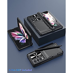 Viaotaily Galaxy Z Fold 3 Case with Pen Holder, Fold 3 Case with Hinge Protection & Screen Protector, Credit Card Storage Kickstand Cover Case for Samsung Z Fold 3 5G 2021(with S Pen Holder Black)