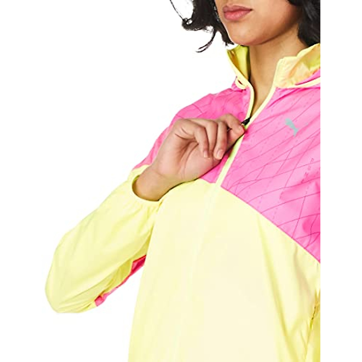 PUMA Women's Run Graphic Hooded Jacket, Fizzy Yellow-Luminous Pink, M