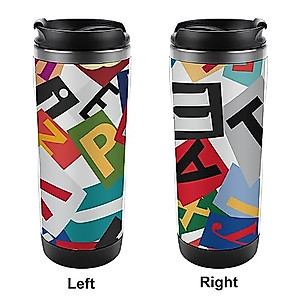 KS-QON BENG Colour Alphabet Travel Mug 12 Oz Travel Coffee Cup Stainless Steel Insulated Tumbler with Flip Lid Double Wall Keep Cool/Warm Water Cup for Women Men