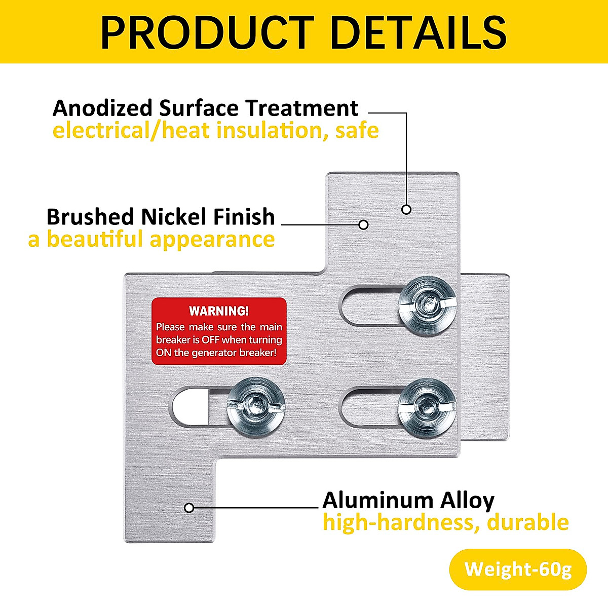 Generator Interlock for General Electric GE 150 or 200 Amp Panels with 1 1/4 Inches Spacing, Brushed Nickel