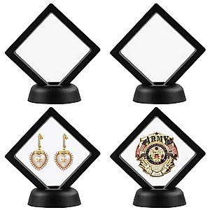 Jutieuo 4Pcs 3D Floating Frame with Stand, Challenge Coin Display Holder, Small Shadow Box for Earrings, Rings, Brooch, Military Medal, Black, 2.75x2.75 inches