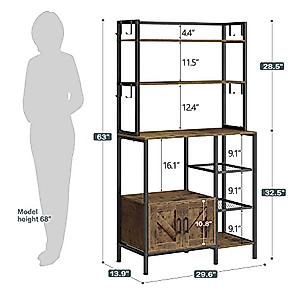 EnHomee 6-Tier Kitchen Bakers Rack with Hutch, Industrial Microwave Oven Stand with Shelves, Utility Storage Shelf with Cabinet & 8 Hooks, Hutch, Rustic Brown
