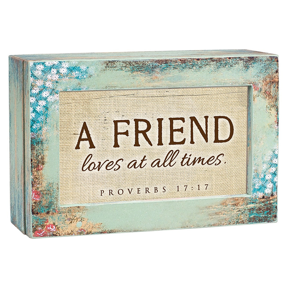 Cottage Garden A Friend Loves at All Times Distressed Wood Jewelry Music Box Plays Tune We Have a Friend in Jesus