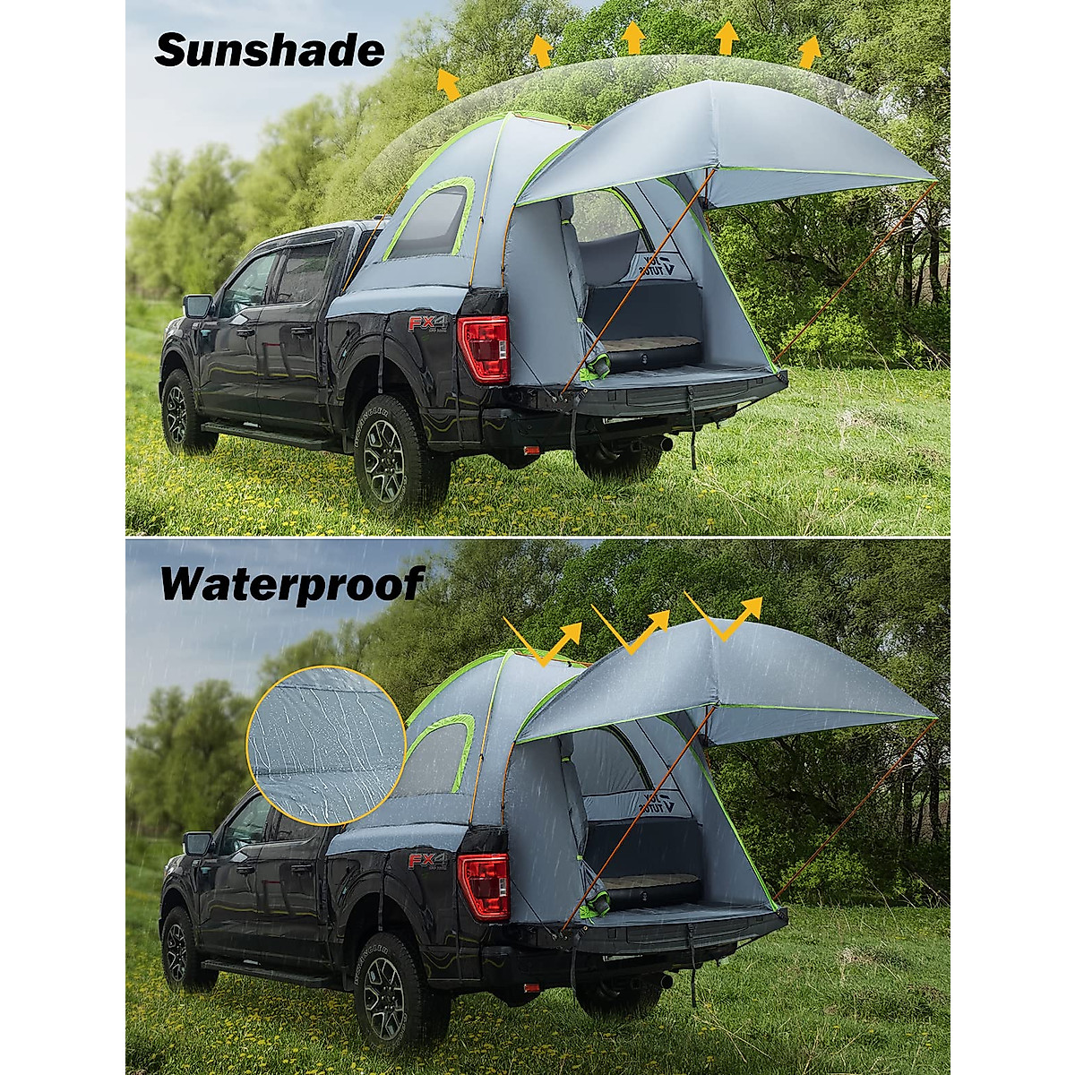 JOYTUTUS Pickup Truck Tent 5.5ft Bed Tent with Removable Awning, Waterproof PU2000mm Double Layer for 2 Person, Portable Truck Bed Tent - Green, Aluminum Pole