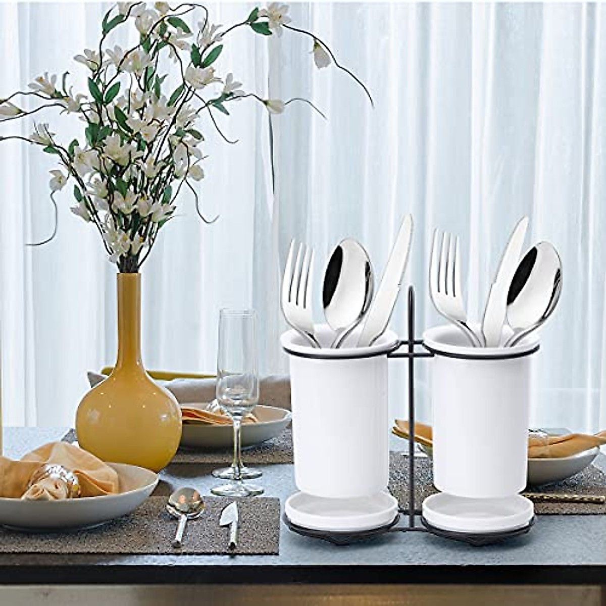 Kitchen Utensil Holder, Ceramic Utensils Crock for Countertop, Cooking Utensil Crock with Drain Holes and Metal Rack , Utensil Organizer for Countertop, Easy to Clean for Party, Home, Counter-White
