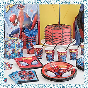 Spiderman Birthday Decorations | Spiderman Party Supplies | Serves 16 Guests | Marvel Superhero Spidey and His Amazing Friends | Table Cover, Spider Man Banner, Plates, Napkins, Masks and Button | For Boys and Girls