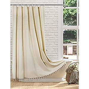 SUMGAR Cotton Shower Curtain Boho Farmhouse Shower Curtains for Bathroom with Tassels & Jacquard Striped Window, Beige Fabric Fringe Shower Curtain Set with Hooks, 72" x 72"
