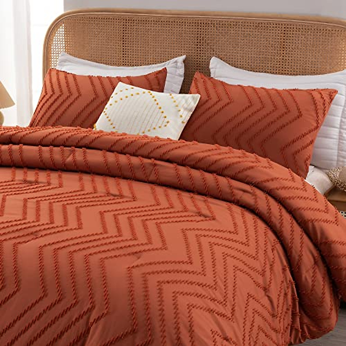 Litanika Comforter King Size Set, Burnt Orange Boho Fall Lightweight Bedding Comforters & Sets for King Bed, 3 Pieces Chevron Tufted Bed Set