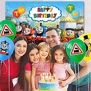 Thomas Train Friends Birthday Party Decoration, Thomas Party Photo Background 5 x 3 FT and 24Pcs Train Balloon, Thomas Train Friends Party Backdrop Supplies for Boy, Girls and Baby Shower