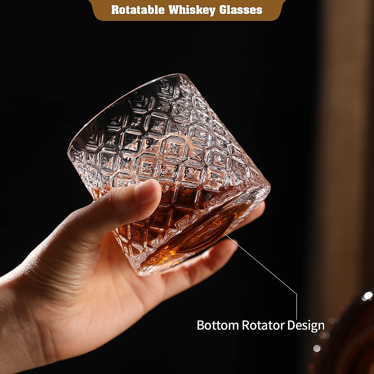 Crystal Whiskey glasses set of 2,Rotatable -10 Oz old fashioned whiskey glasses,bar whiskey glasses,style glassware for bourbon,perfect Idea for scotch lovers,glasses for scotch, rum,Ice flower