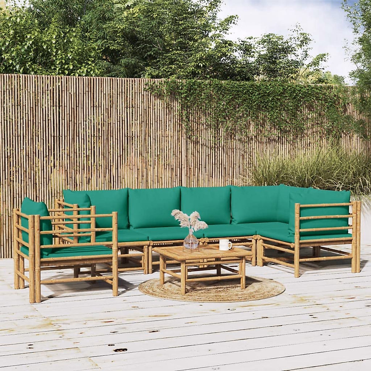 vidaXL 7 Piece Bamboo Patio Lounge Set with Green Cushions - Outdoor Furniture Set with Comfortable Backrest and Armrest, Modular Design