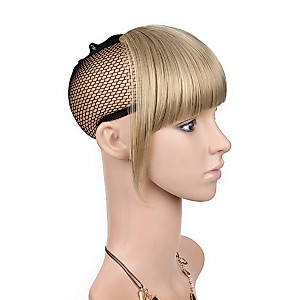 LEEONS Bangs Clip in Hair Extensions Front Neat Bang Fringe One Piece 6" Short Straight Synthetic Hairpiece for Women Dark Ash Brown mix with Bleach Blonde(18/613#)