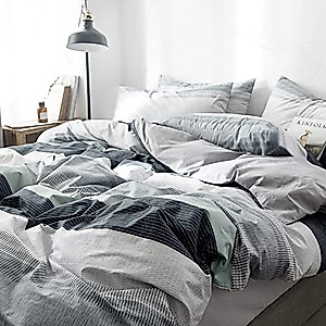 VClife Cotton Twin Duvet Cover White Grey Blue Stripe Comforter Quilt & Pillow Protector Cover Sets Simple Style Geometry Bedding Sets, 1 Twin Size Duvet Cover 68" x 86" & 2 Pillow Shams 20" x26"