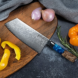 SENKEN Damascus Steel Cleaver Knife - Tsunami Collection - 67-Layer Japanese VG10 Steel - Unique Blue Resin & Natural Wood Handle, Razor Sharp, Beautiful Damascus Wave Pattern (7.5" Cleaver Knife)