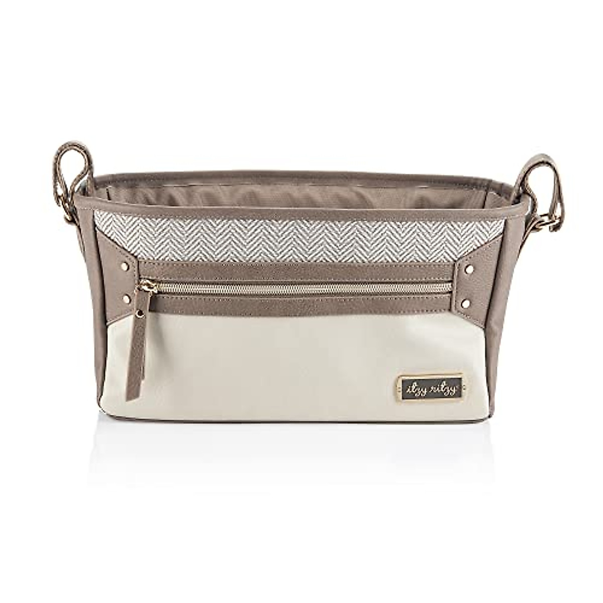 Itzy Ritzy Adjustable Stroller Caddy - Stroller Organizer Featuring Two Built-in Pockets, Front Zippered Pocket and Adjustable Straps to Fit Nearly Any Stroller, Vanilla Latte
