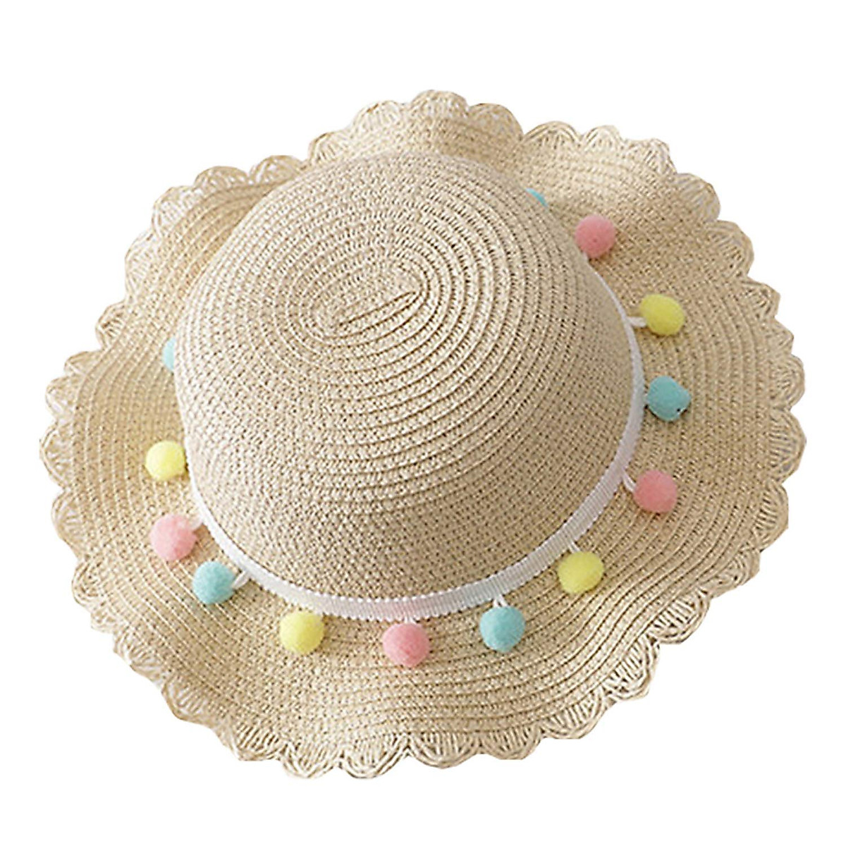Toddler Baby Girls Straw Hat Wide Brim Sun Hat with Shoulder Bag Set Cute Pompom Beach Hat (Head circumference50-52cm/19.7-20.5", Beige)