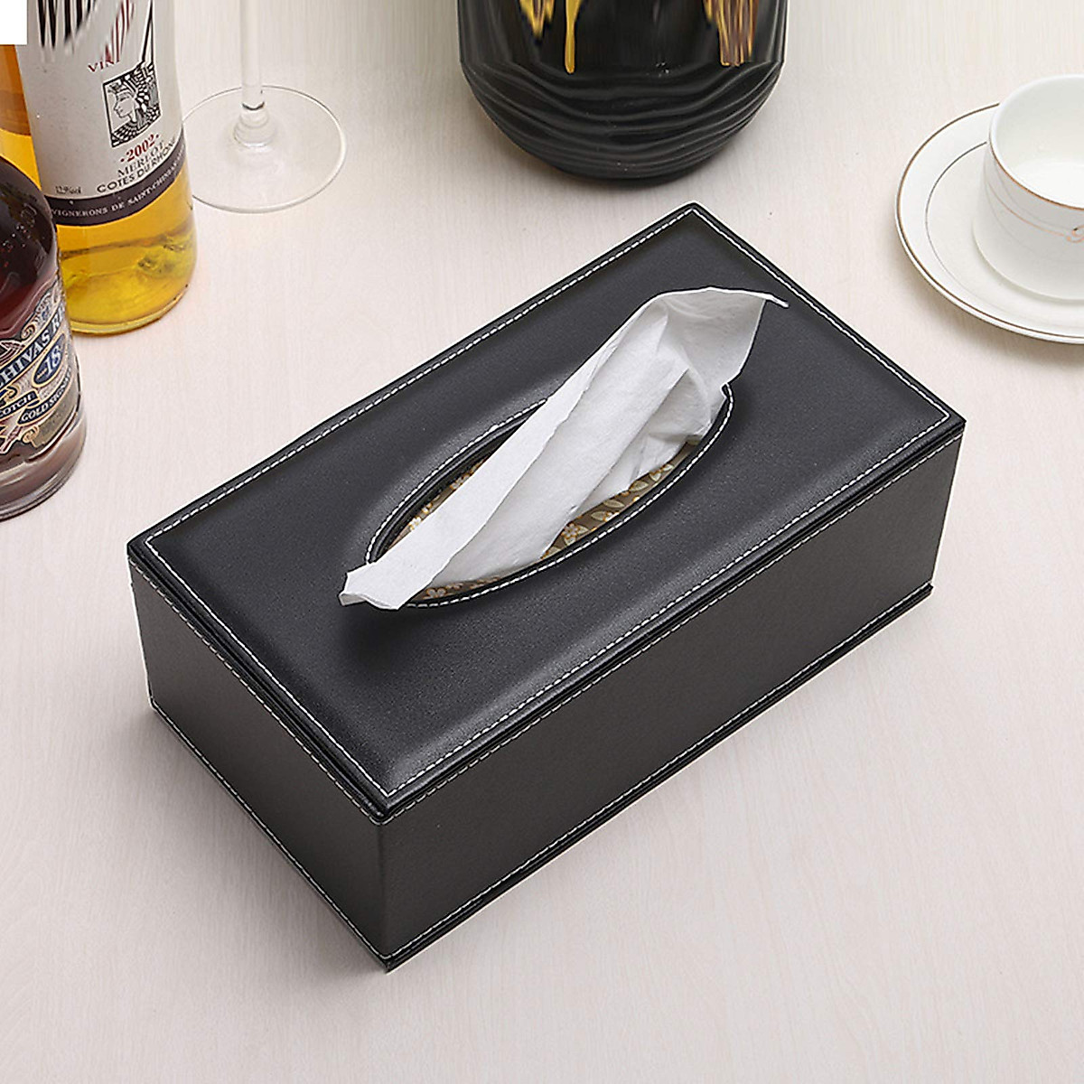 High-end Fashion PU Leather Tissue Box Holder Black with lid, Rectangular Napkin Facial Tissues Holder Dispenser,Home Office Car Tissue Box Cover Decorative Container with Magnetic Bottom (Black)