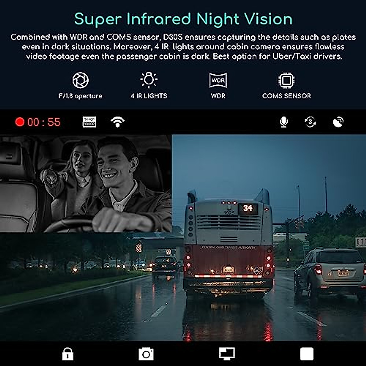 1440P QHD Built-in GPS Wi-Fi Dash Cam, Front and Inside Car Camera Recorder with Infrared Night Vision, Supercapacitor, 4 IR LEDs，G-Sensor, Parking Mode, Loop Recording (D30S)