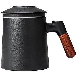 HEER Ceramic Tea Mug with Infuser and Lid, Black Wooden Handle Tea Cup with Filter for Steeping Loose Leaf, 13.5oz/400ml.