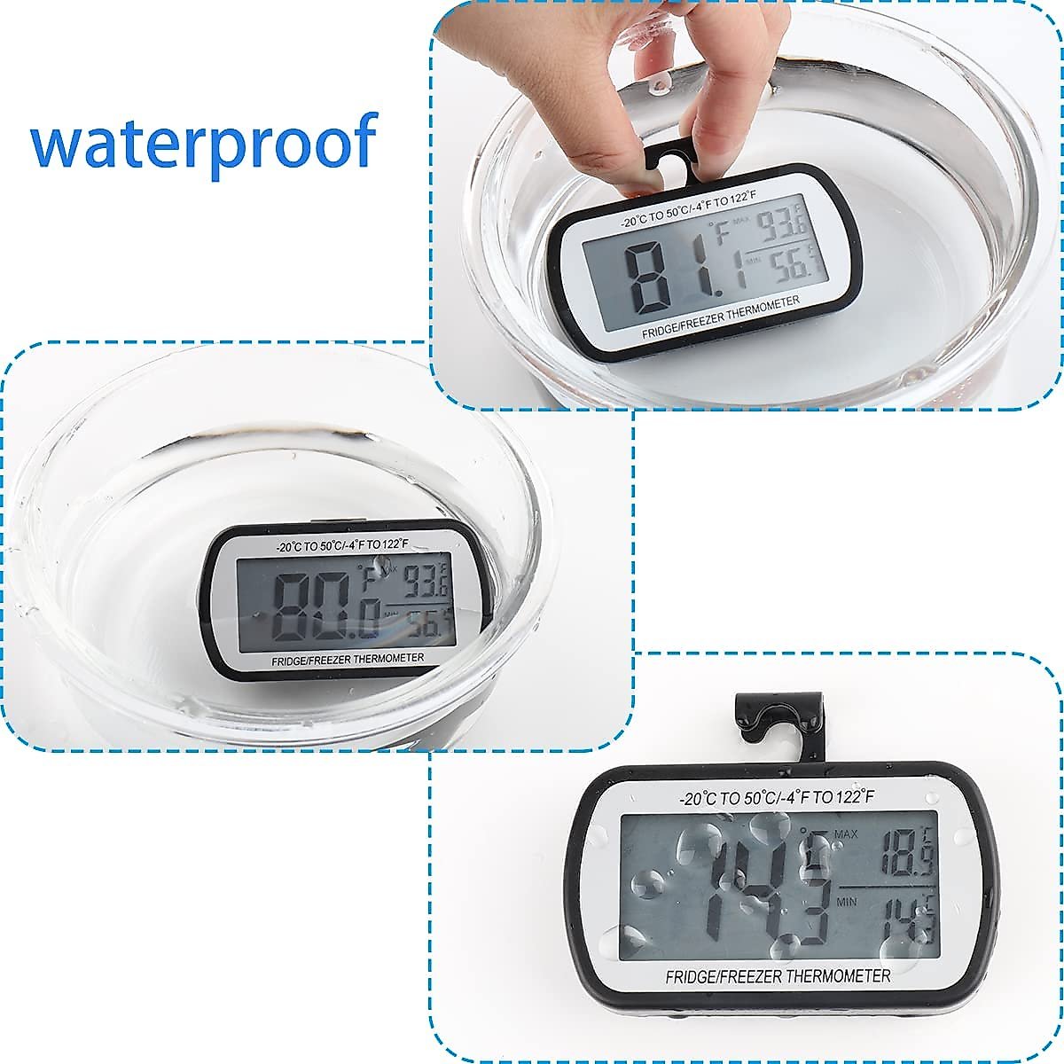 2 Pack Refrigerator Fridge Thermometer Digital Freezer Room Thermometer Waterproof Large LCD Display Max/Min Record Function-Black