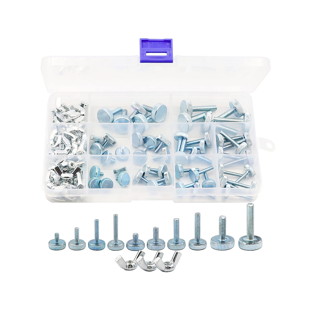 LBY 100pcs Knurled Hand Screw, M3/M4/M5 Knurled Head Fully Threaded Thumb Screws (Single Layer Step) and Wing Nuts 13 Kinds Assortment Kit, Carbon Steel Galvanized