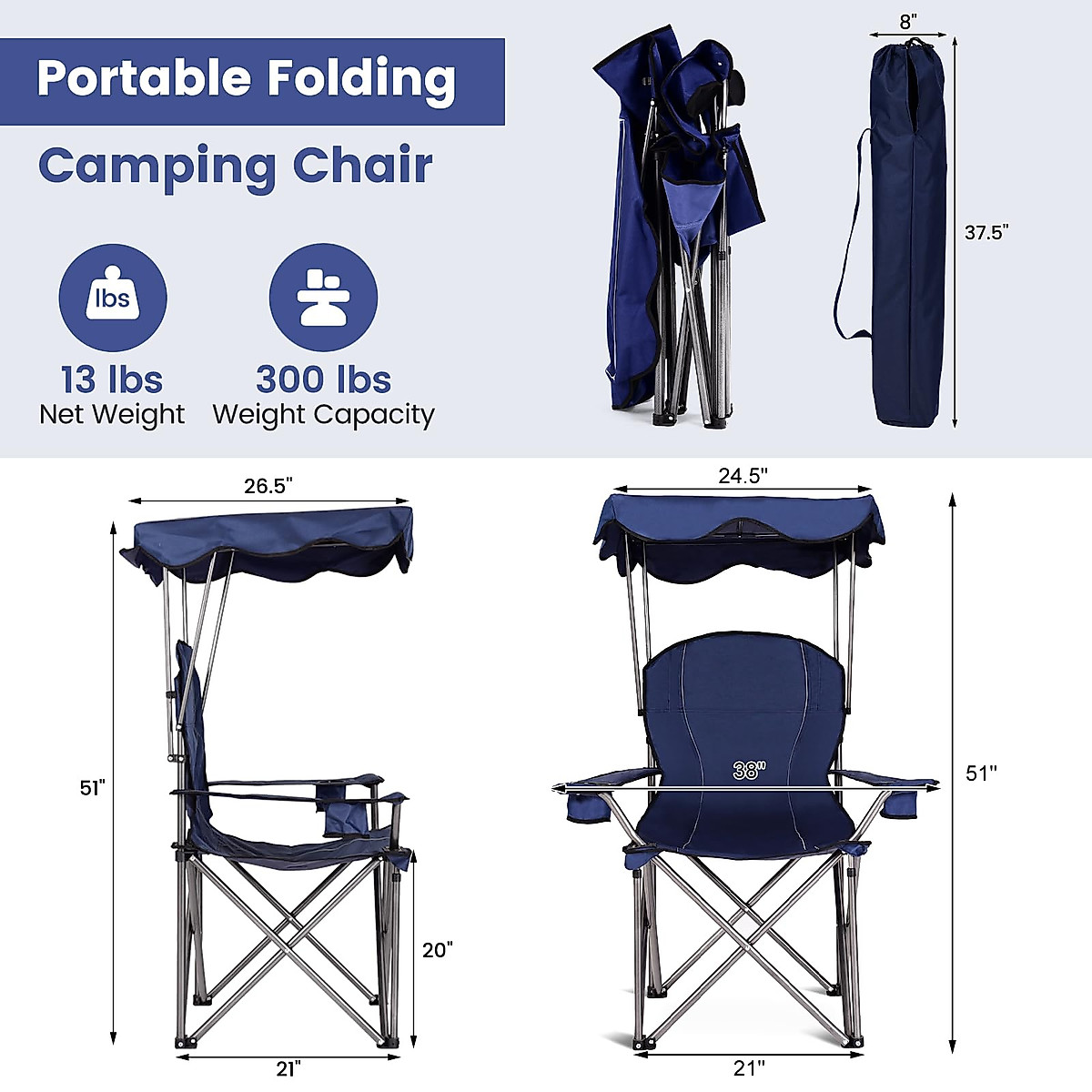 Goplus Beach Chair with Canopy Shade, Folding Lawn Chair with Umbrella Cup Holder & Carry Bag, Portable Sunshade Chair for Adults for Outdoor Travel Hiking Fishing (Blue)