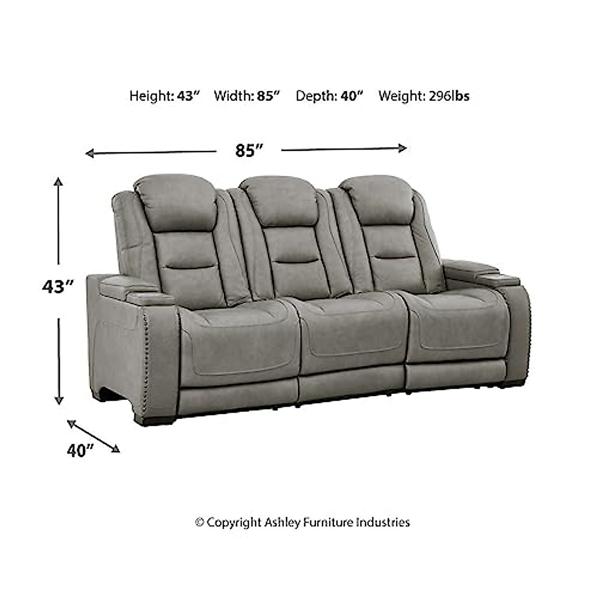 Signature Design by Ashley The Man-Den Leather Power Reclining Sofa with Adjustable Headrests & Wireless Charging, Gray